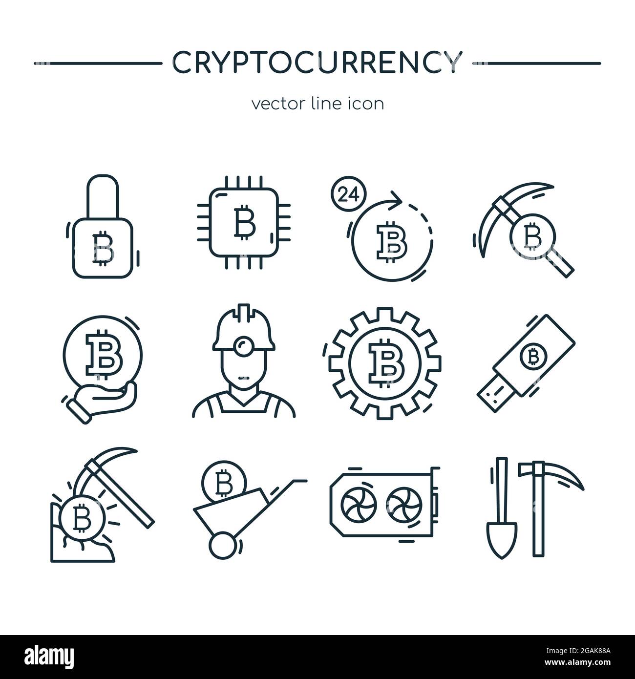 Cryptocurrency Mining Icon Collection Vector Line Art Icon Set Stock