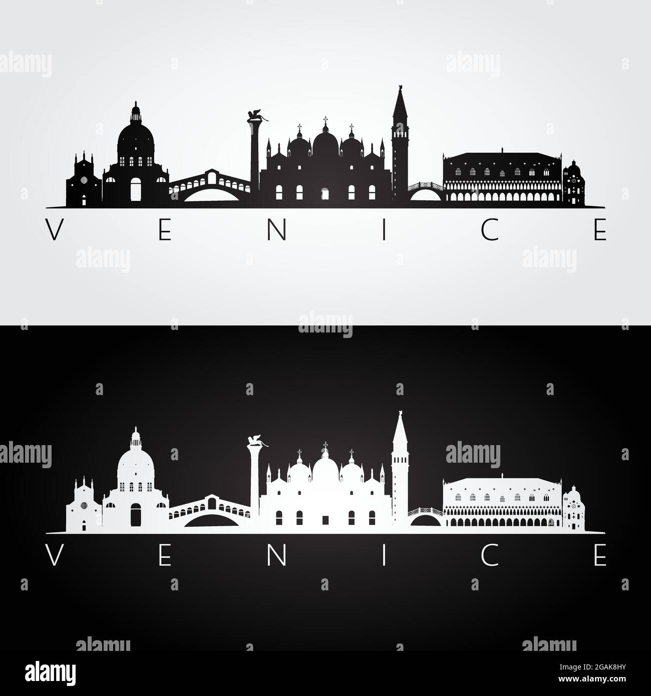 Venice skyline and landmarks silhouette, black and white design, vector ...