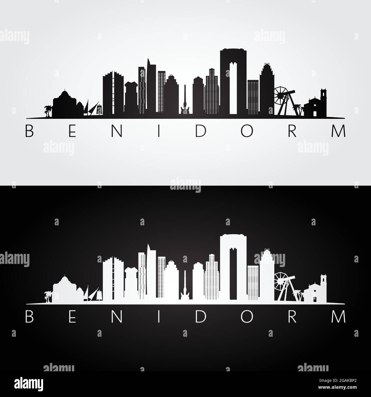 Benidorm skyline and landmarks silhouette, black and white design ...