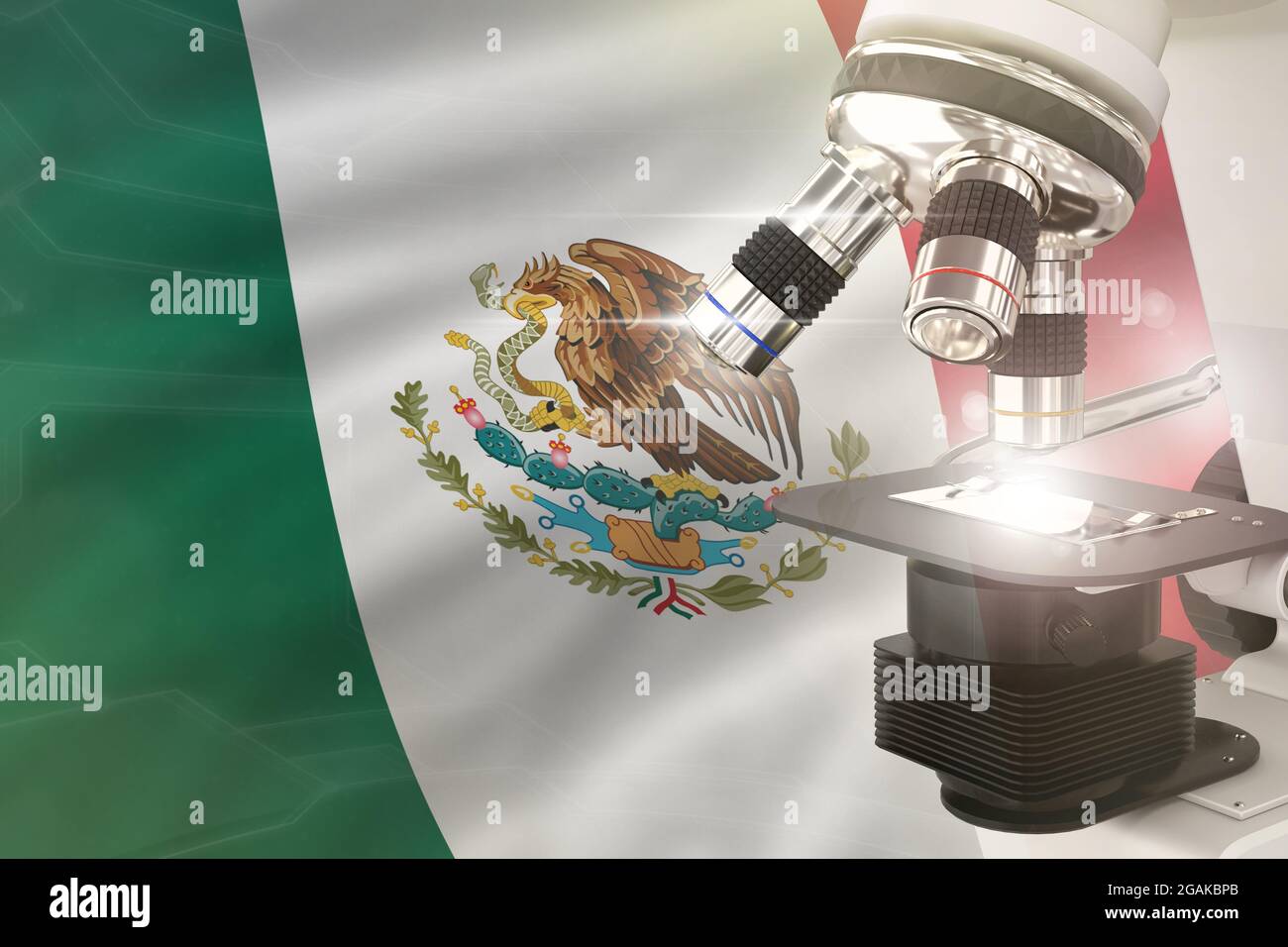 Mexico science development concept - microscope on flag background ...