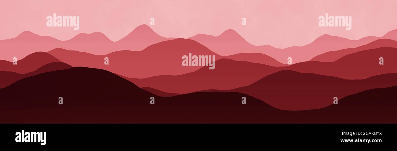 artistic red wide of mountains ridges in fog digital graphic background ...