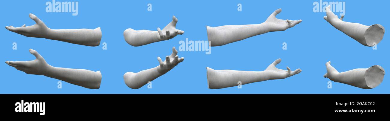 8 white concrete statue hand renders isolated on blue, lights and ...