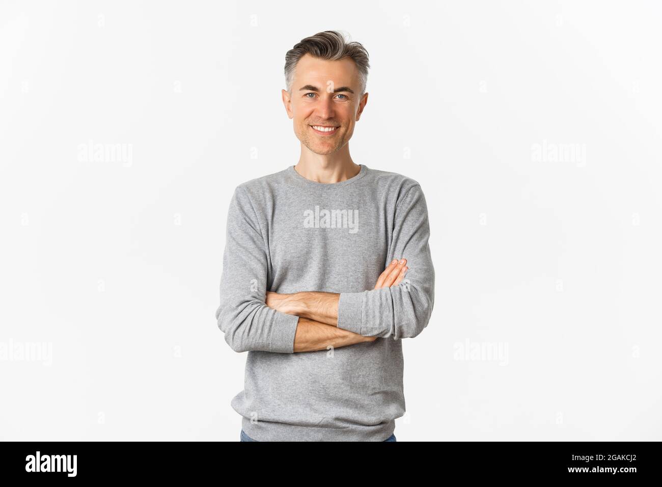 Image of successful and confident middle-aged man, cross arms on chest ...