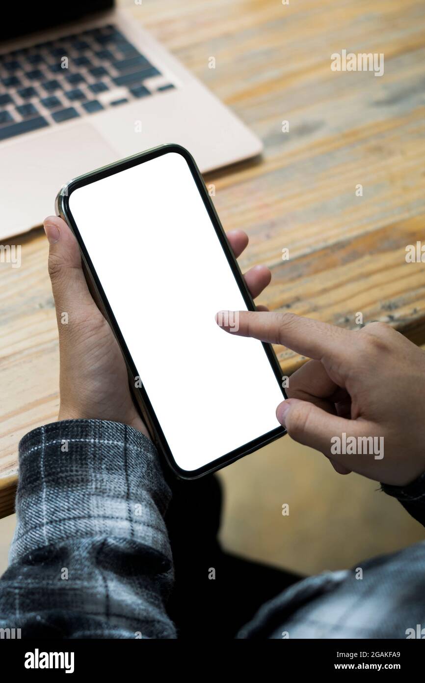 Close up view woman holding mobile phone with empty display Stock Photo ...