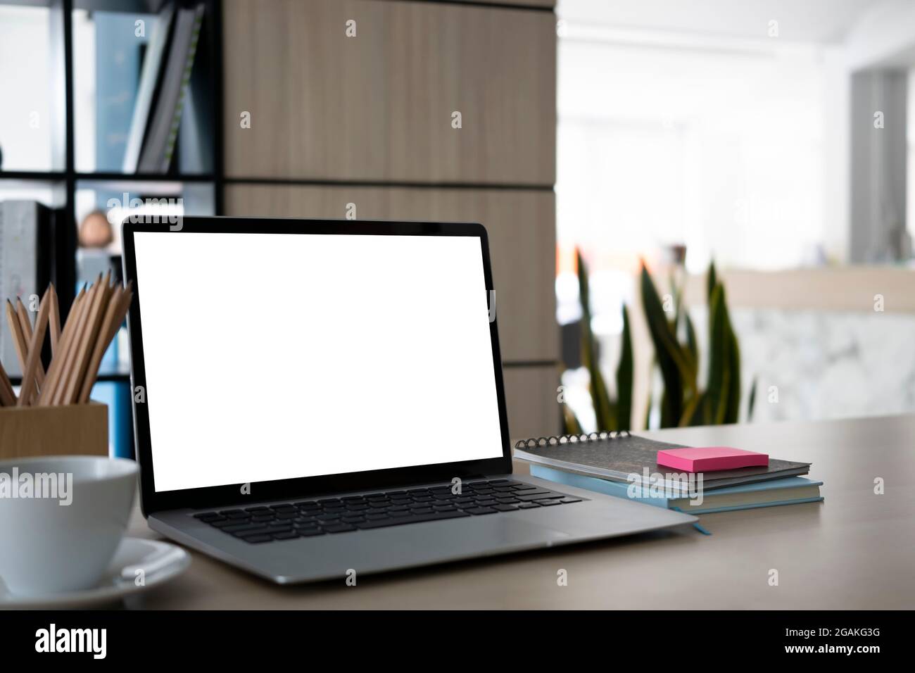 Close up laptop computer with white screen on office desk Stock Photo ...