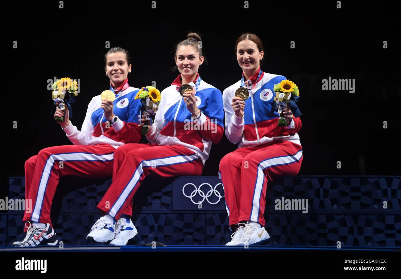 Chiba, Japan. 31st July, 2021. Players of ROC pose with gold medals ...