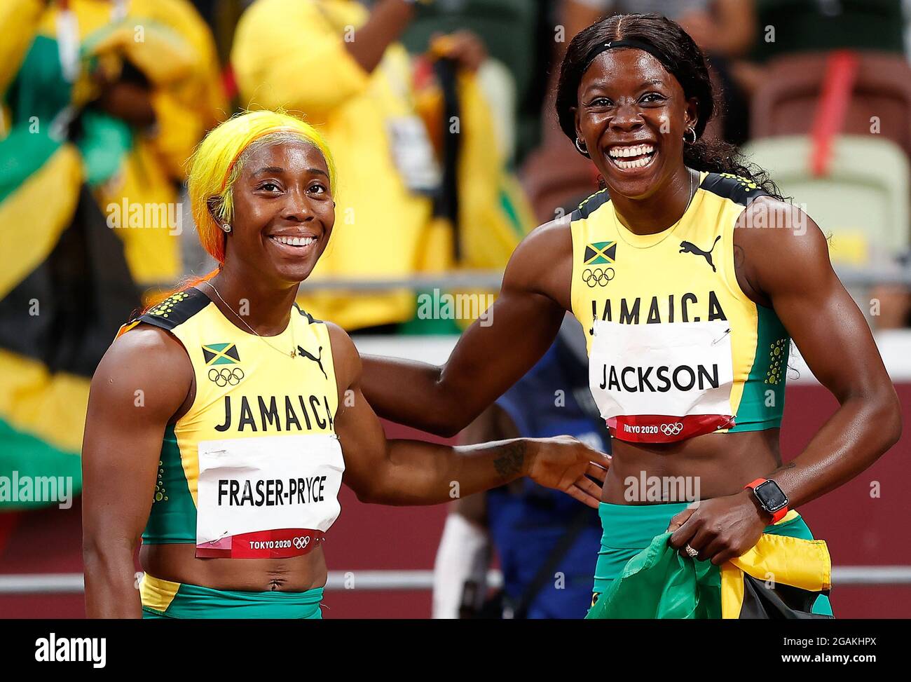 Tokyo, Japan. 31st July, 2021. Shelly-Ann Fraser-Pryce (L) and Shericka ...
