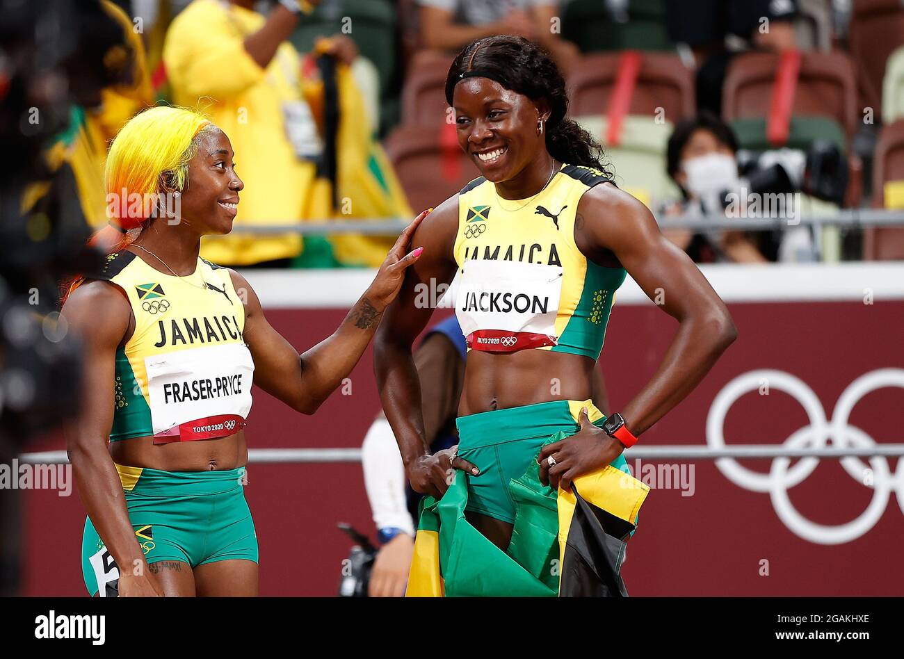 Tokyo, Japan. 31st July, 2021. Shelly-Ann Fraser-Pryce (L) and Shericka ...