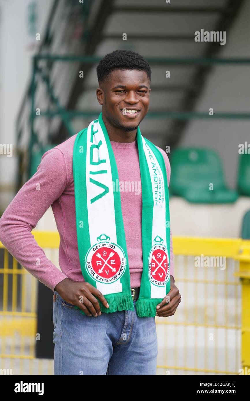 Virton's new player Keres Masangu poses for the photographer at a press ...