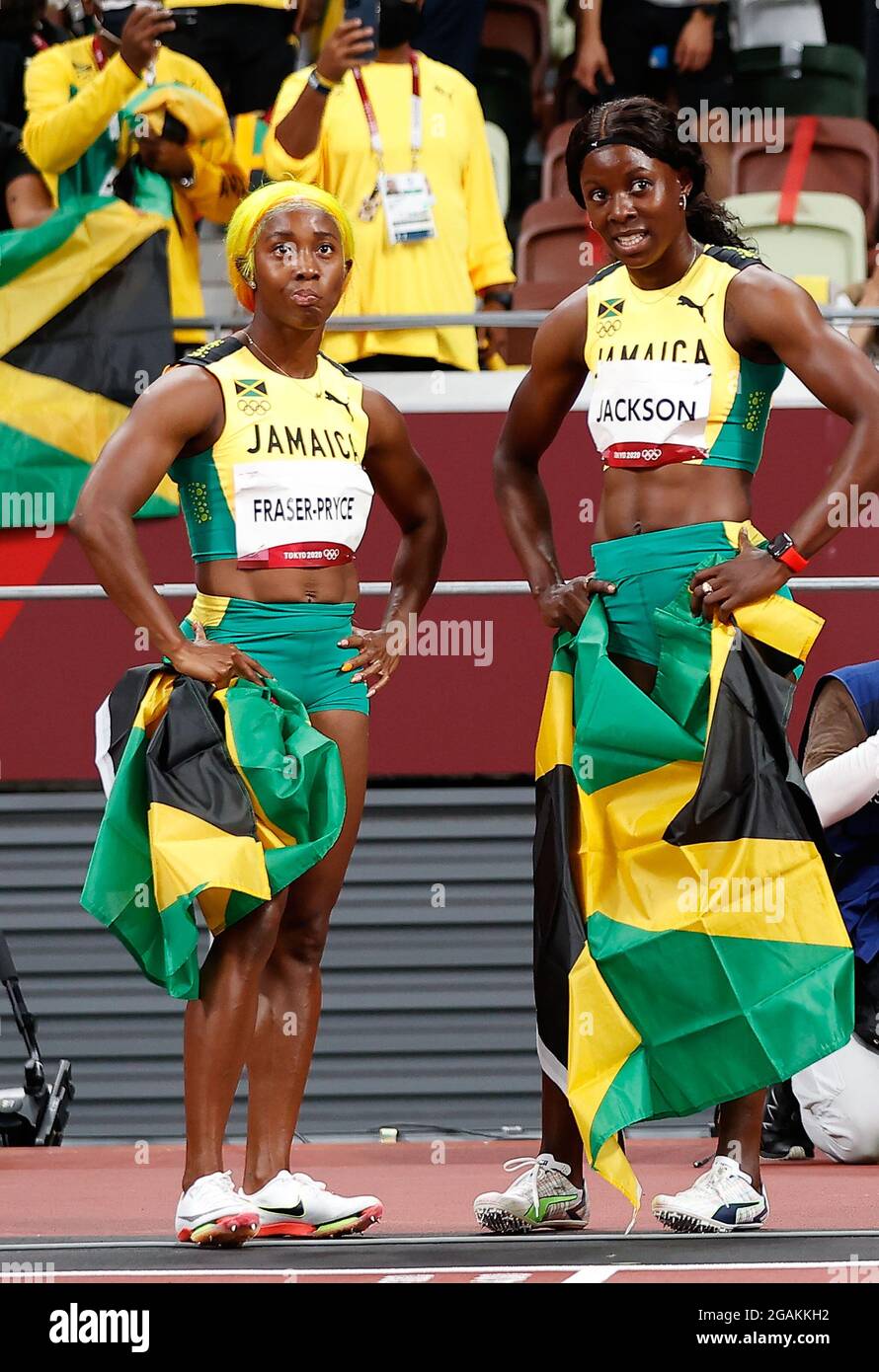 Tokyo, Japan. 31st July, 2021. Shelly-Ann Fraser-Pryce (L) and Shericka ...