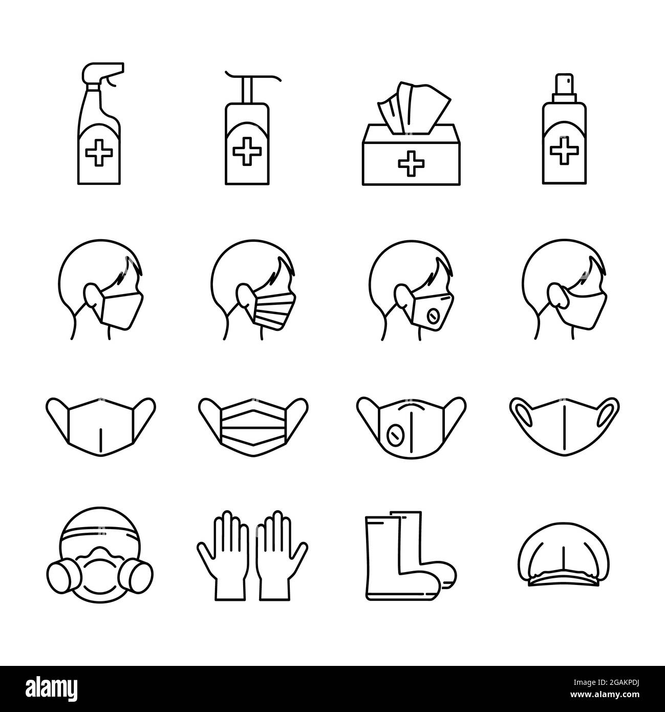 Set of medical protection equipment icons. Flat pictogram for web. Line ...