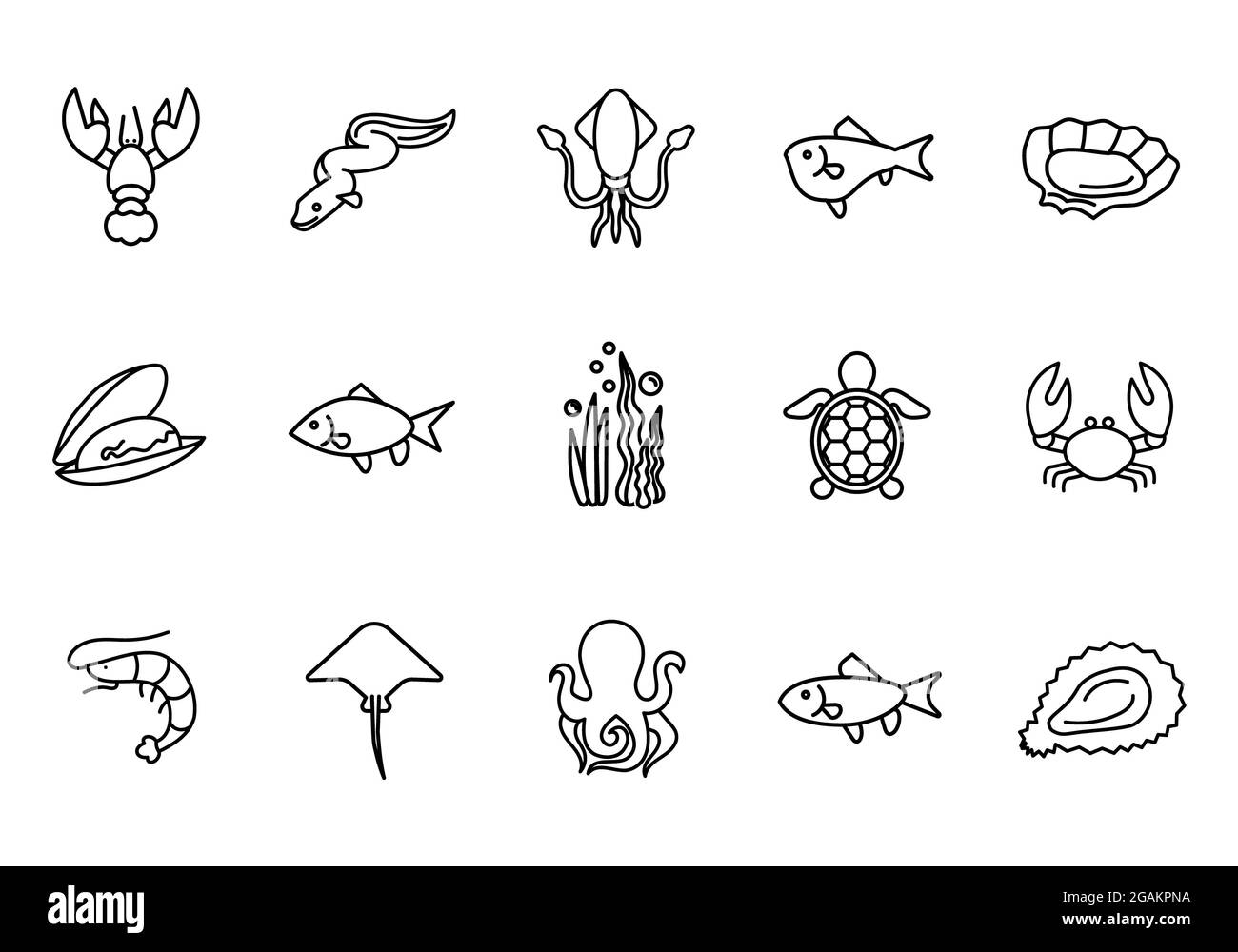 Set of seafood icons. Fish flat pictogram for web. Line stroke. Shrimp ...