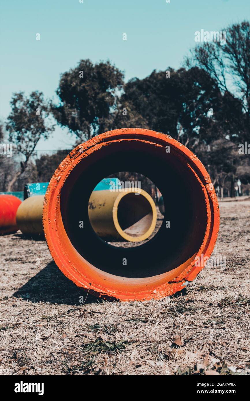 Red-painted large diameter pipe at the construction site Stock Photo ...