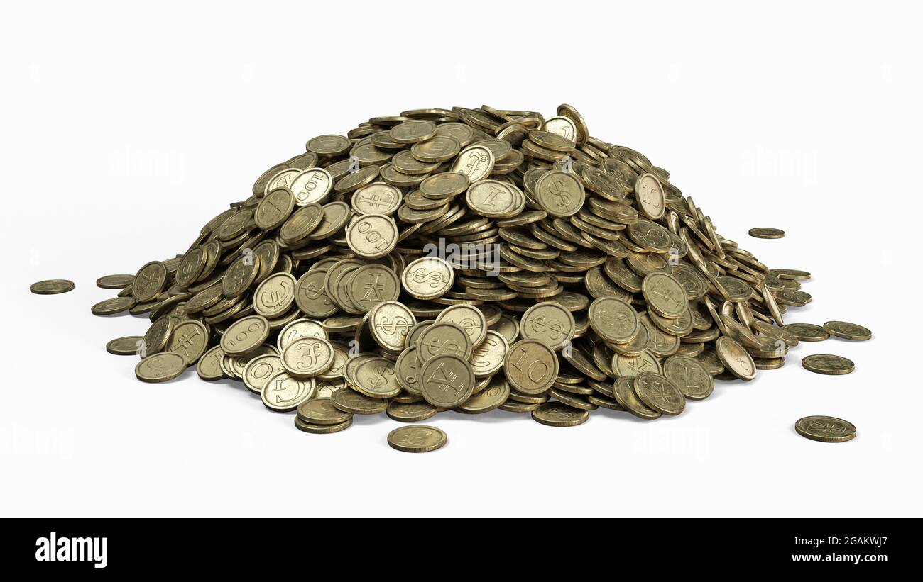 old gold coins with different currency symbols. 3D illustration ...