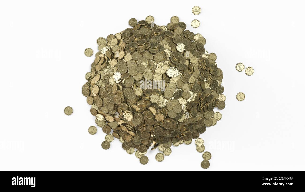 old gold coins with different currency symbols. 3D illustration ...