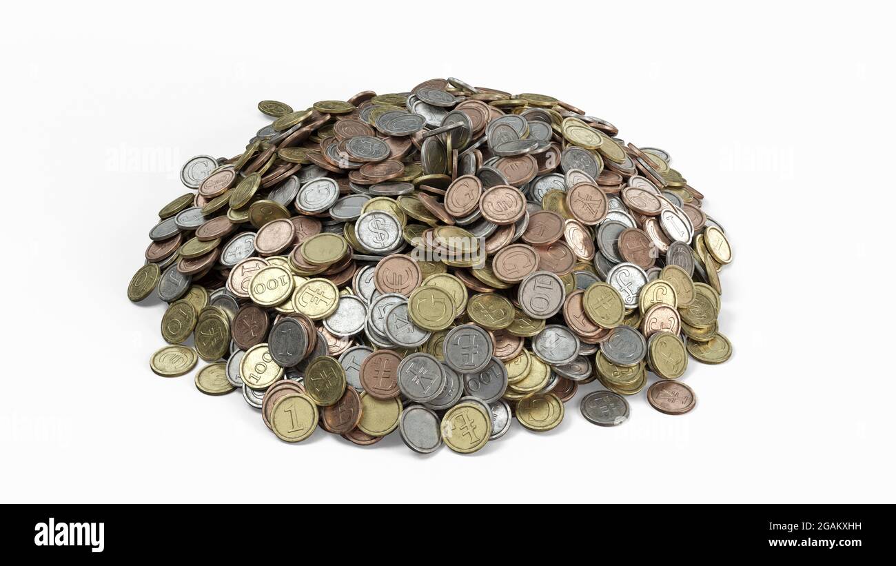 old metal coins with different currency symbols. 3D illustration ...