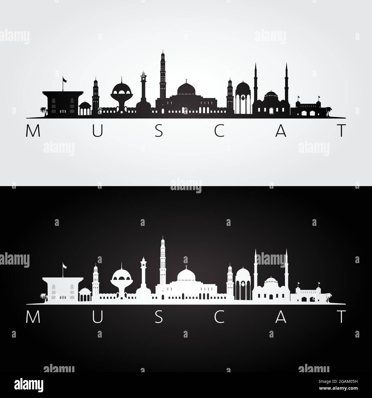 Muscat skyline and landmarks silhouette, black and white design, vector ...