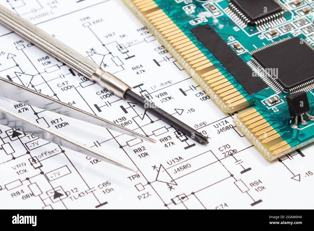 Printed circuit board with transistors, resistors, capacitor. Diagram ...