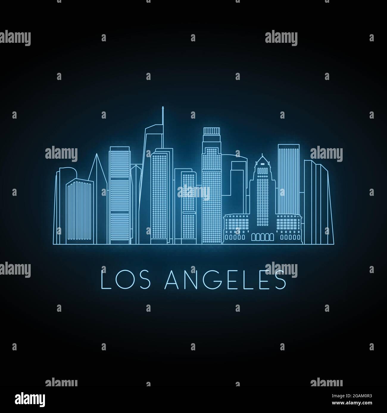 Neon silhouette of Los Angeles city. Glowing blue city landscape ...