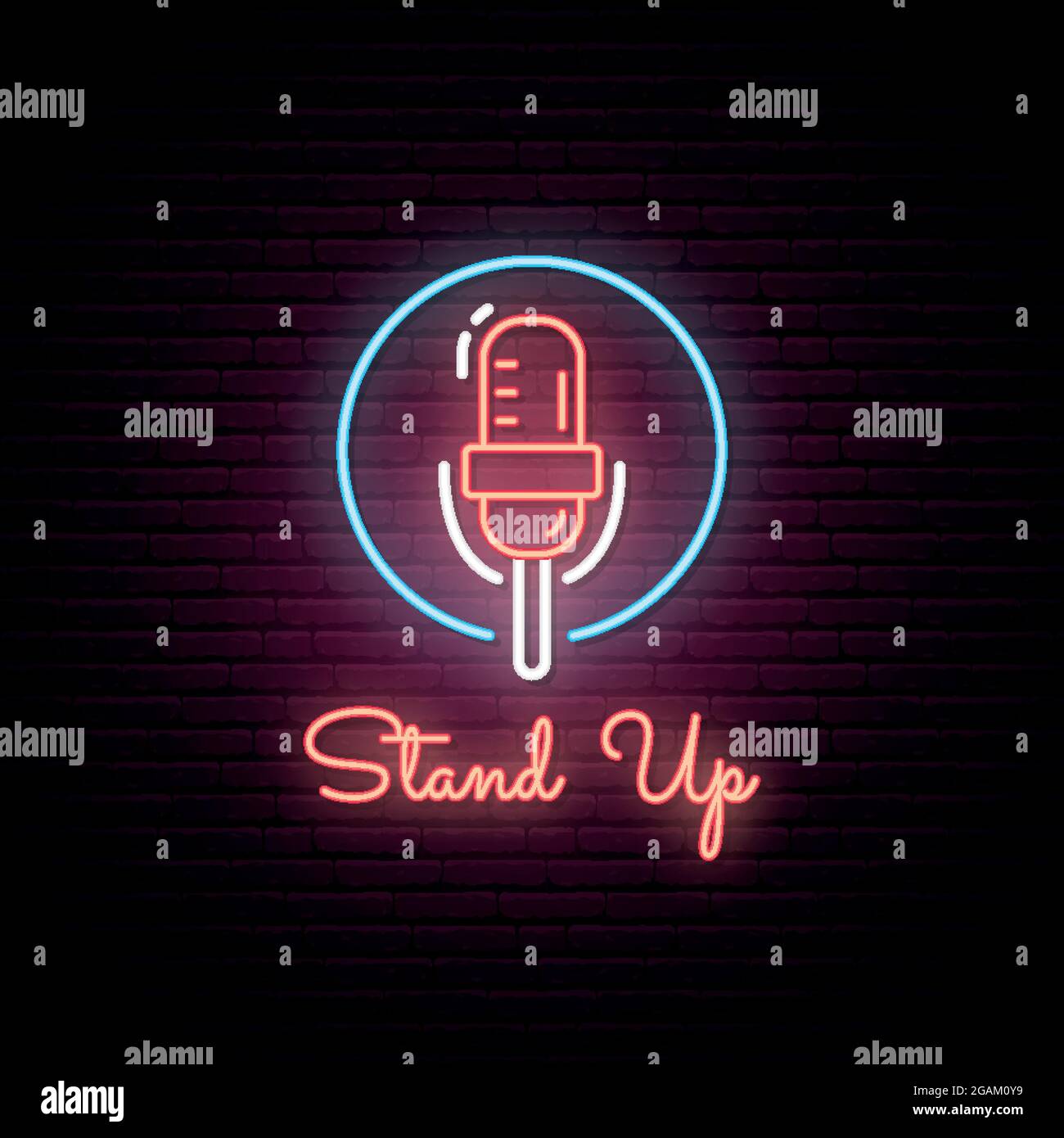 Glowing microphone illustration . Neon sign. Signboard for Stand Up ...