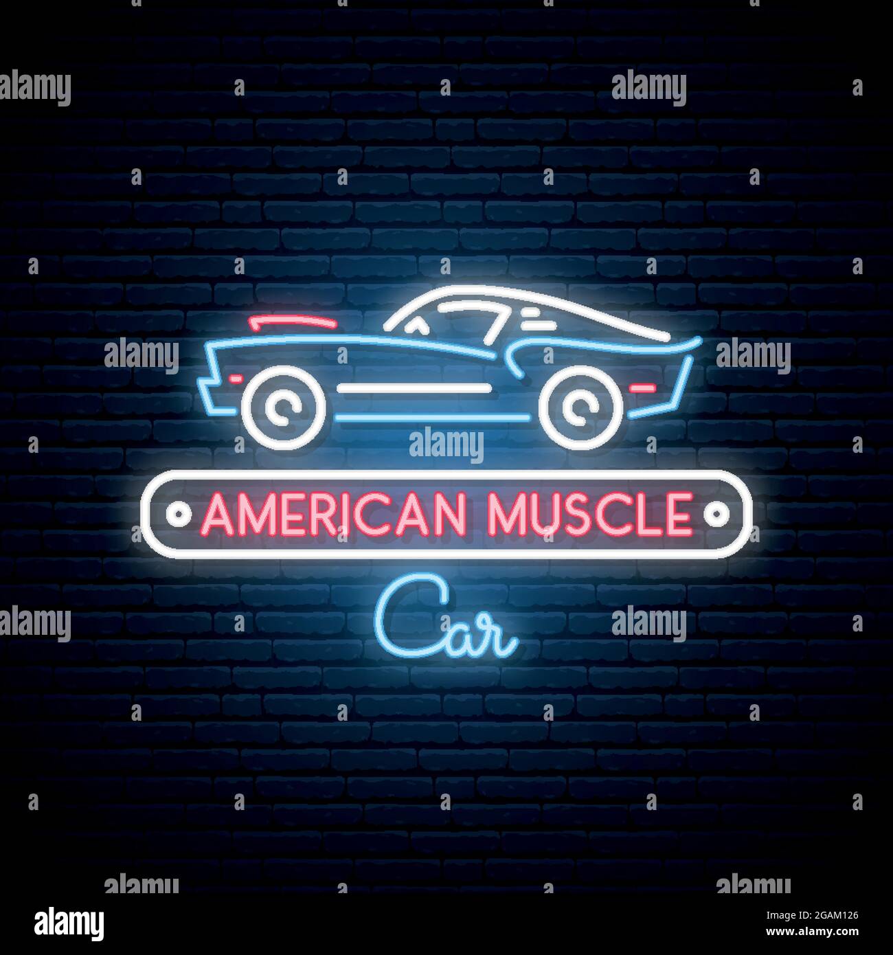 Neon silhouette of classic American muscle car. Glowing sign. Auto icon ...