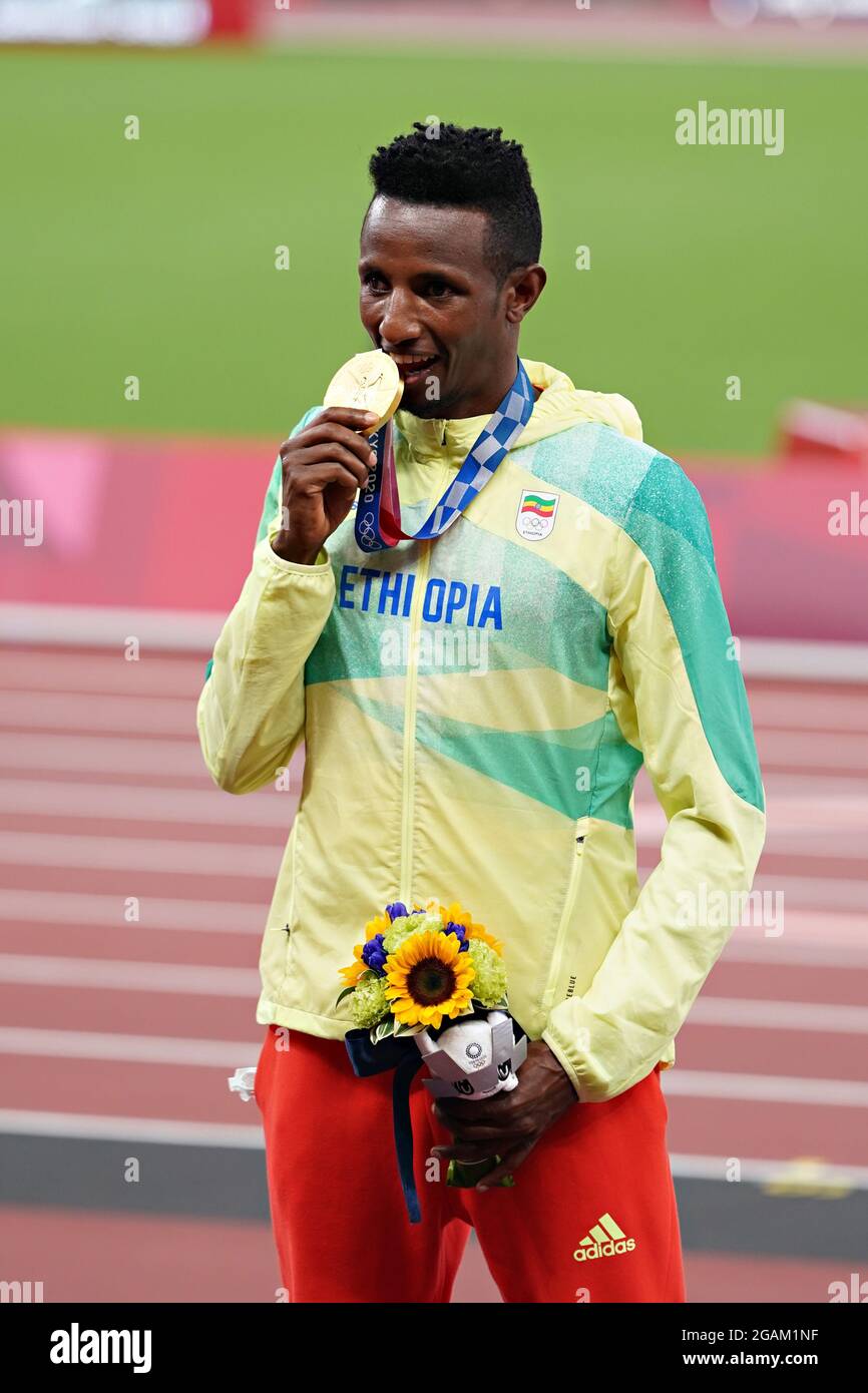 Gold medalist Selemon Barega of Ethiopia poses with his medal during ...