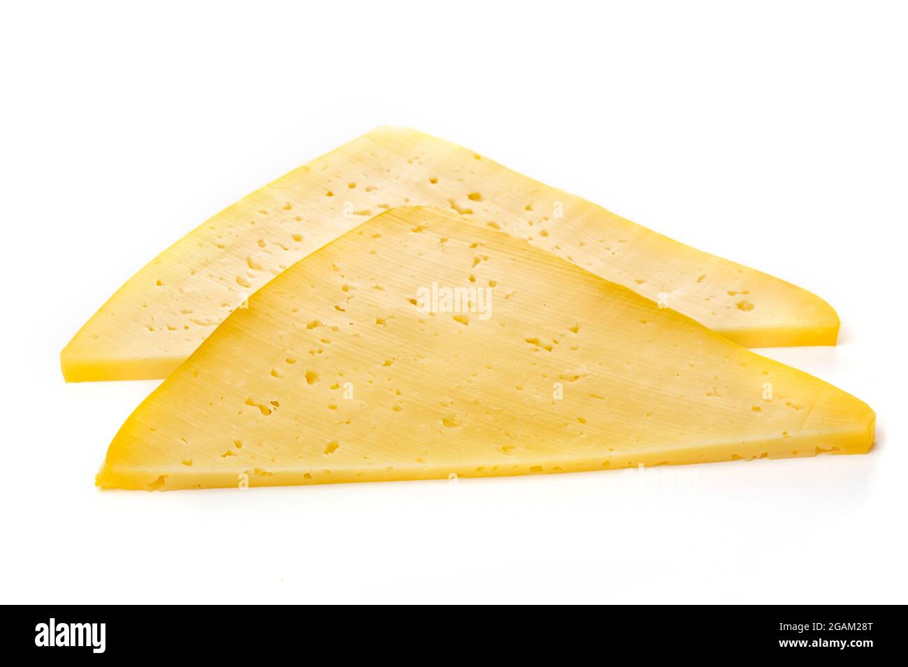 Pieces of semi-hard or hard yellow cheese with holes isolated on a ...