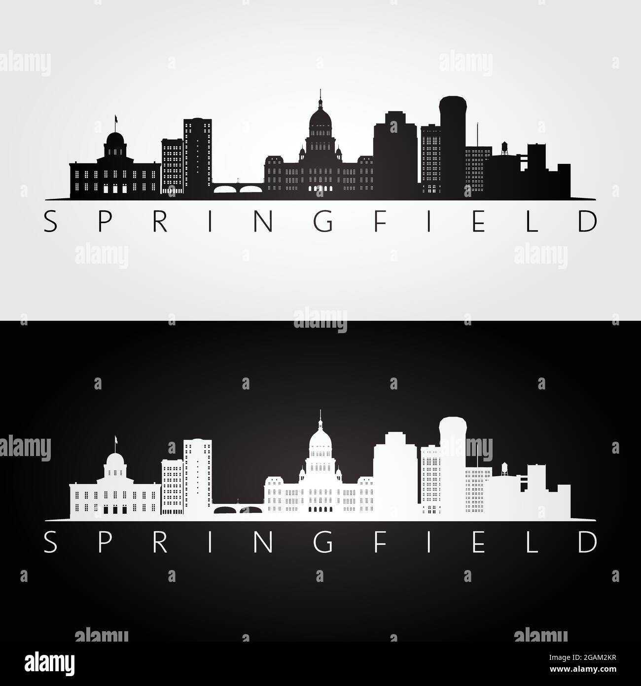 Springfield, USA skyline and landmarks silhouette, black and white ...