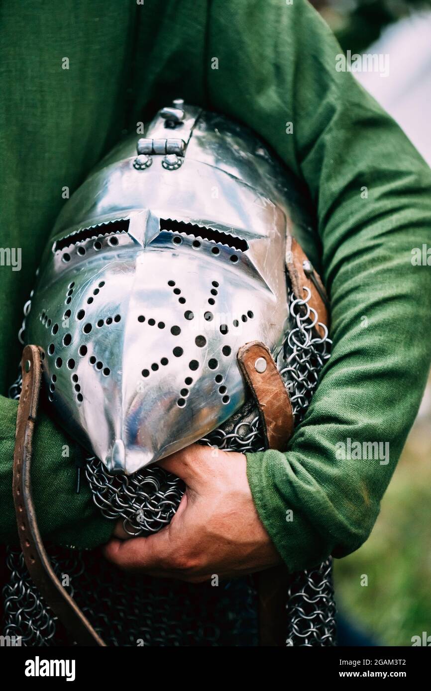 Knight Helmet Of Medieval Suit Of Armour On Table Stock Photo - Alamy