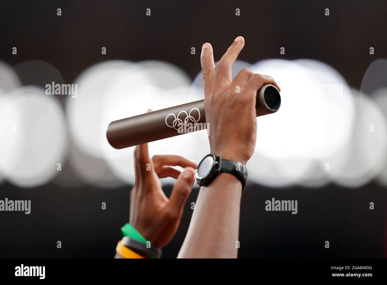 A view of a baton with the Olympic Rings on at the Olympic Stadium on ...
