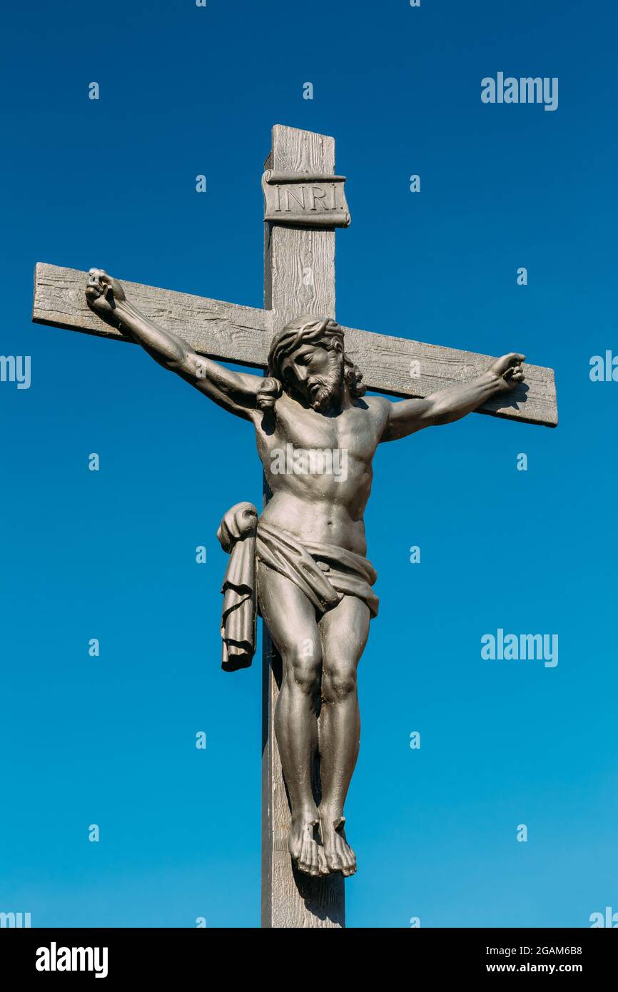 Statue of the Christian cross with Jesus in Cesky Krumlov, Czech ...