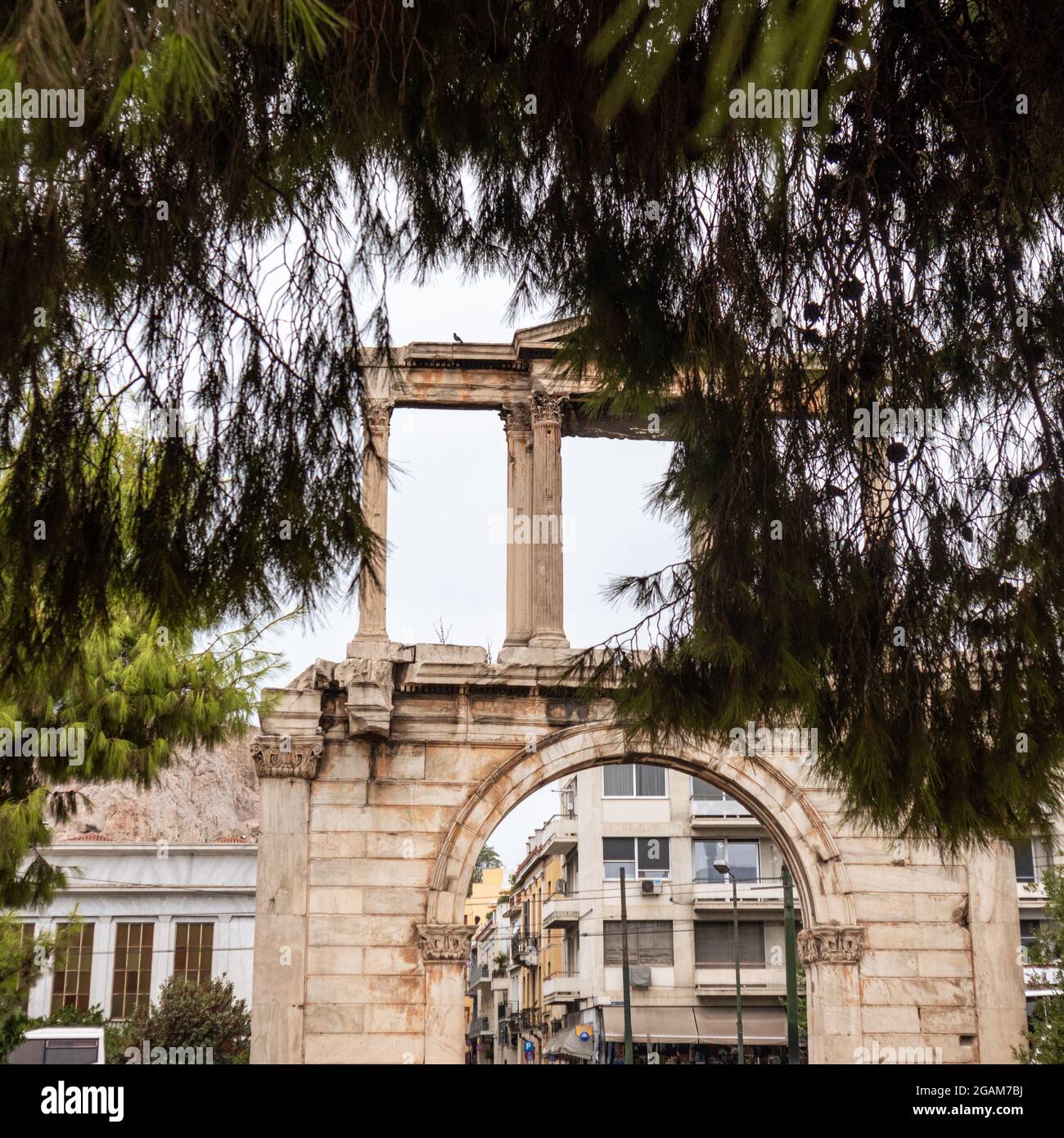 Arch of Hadrian view through trees, Hadrian's Gate, antique monumental ...