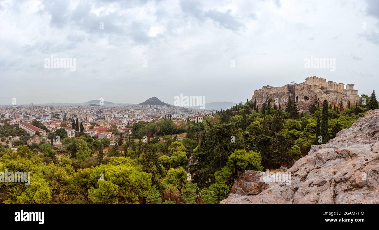 Panorama on Acropolis (Parthenon), mount Lycabettus and Athens old city ...