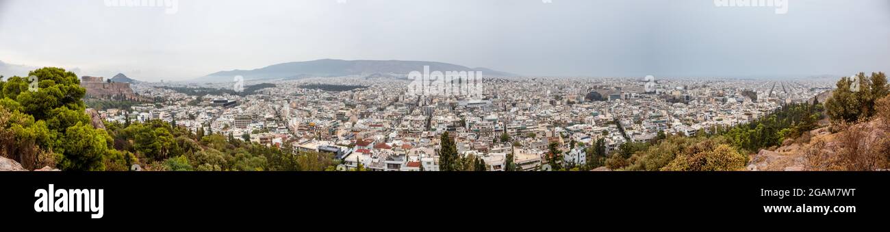Wide panorama on Athens city center with white architecture buildings ...