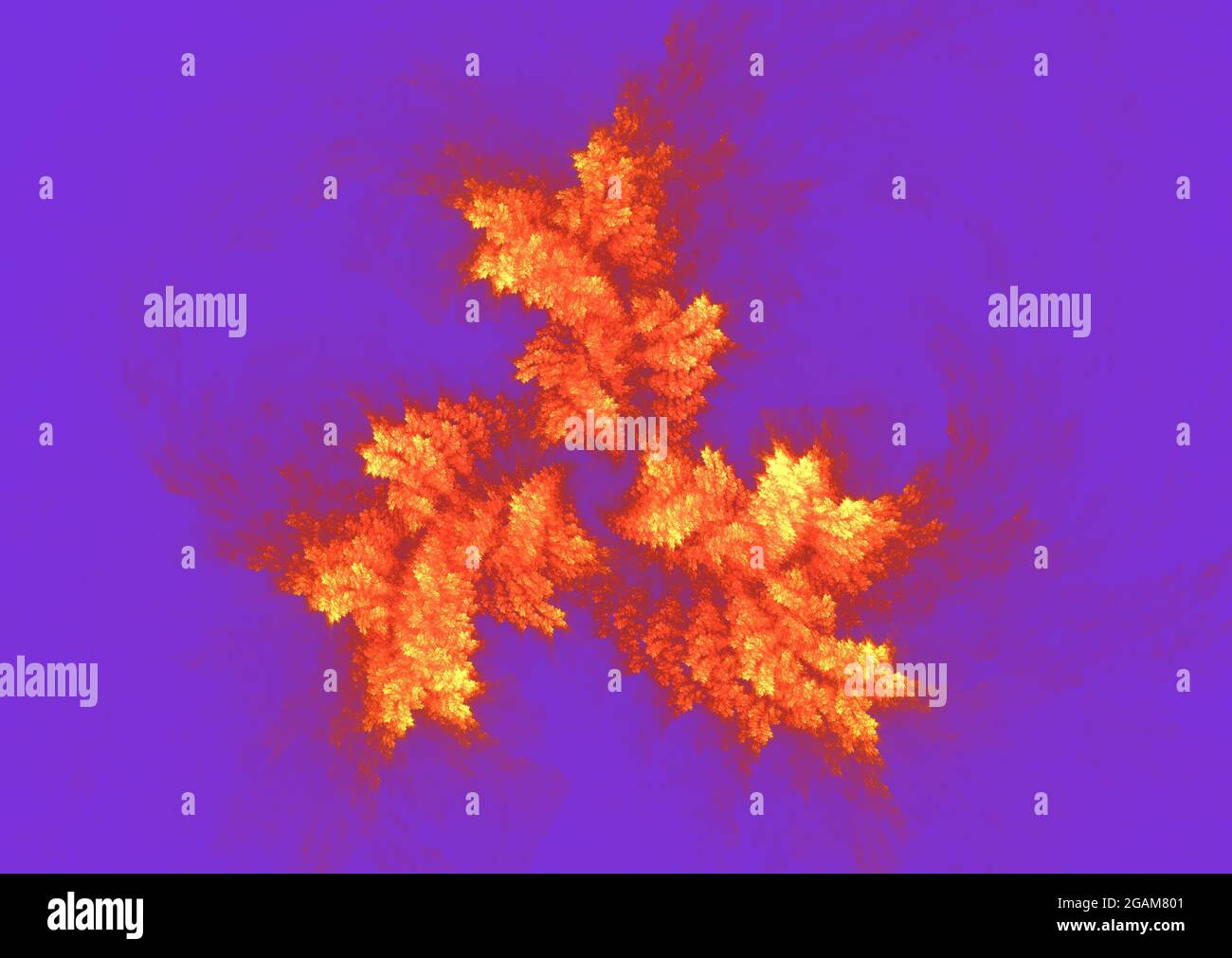 Brightly coloured computer-generated fractal image showing a three-fold ...