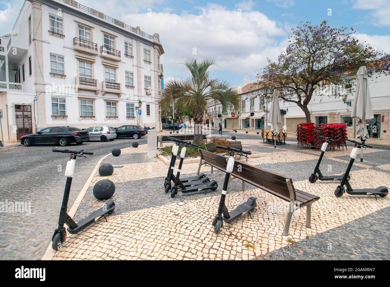 Tourist downtown plaza on the center of commerce in Faro city, Portugal ...