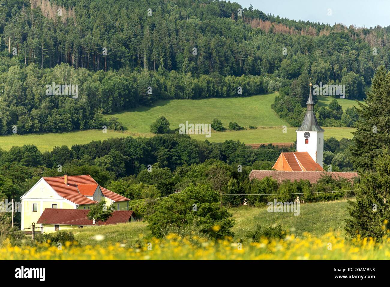 Old white church in the countryside. Panorama of green landscape with ...