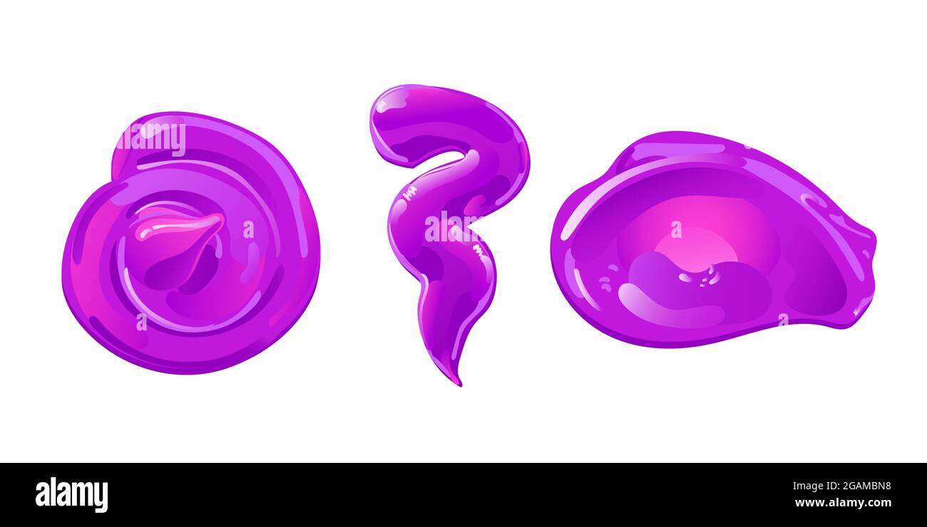 Purple slime stains, splashes or blobs set. Pink jelly in cartoon flat ...