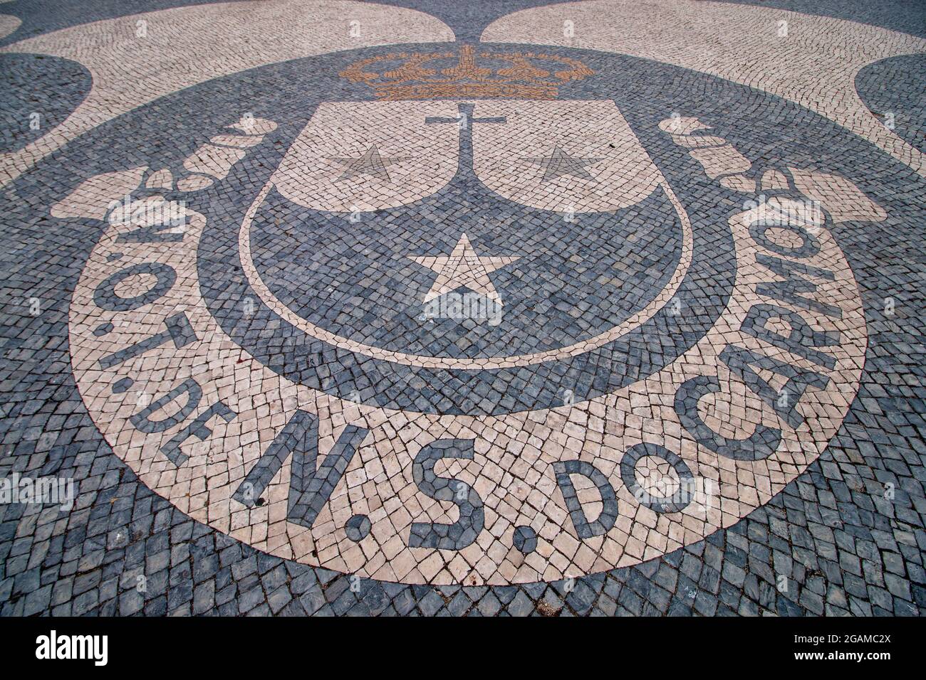 Close view detail of the Coat of Arms of the Plaza of Carmo of Faro on ...