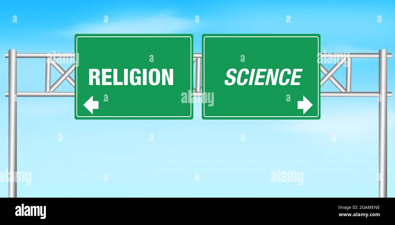 Religion Vs Science Concept Background on 3D Rendered Traffic Signboard ...