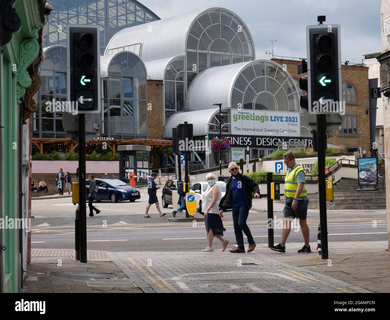 Business Design Centre Islington London, with green traffic lights ...