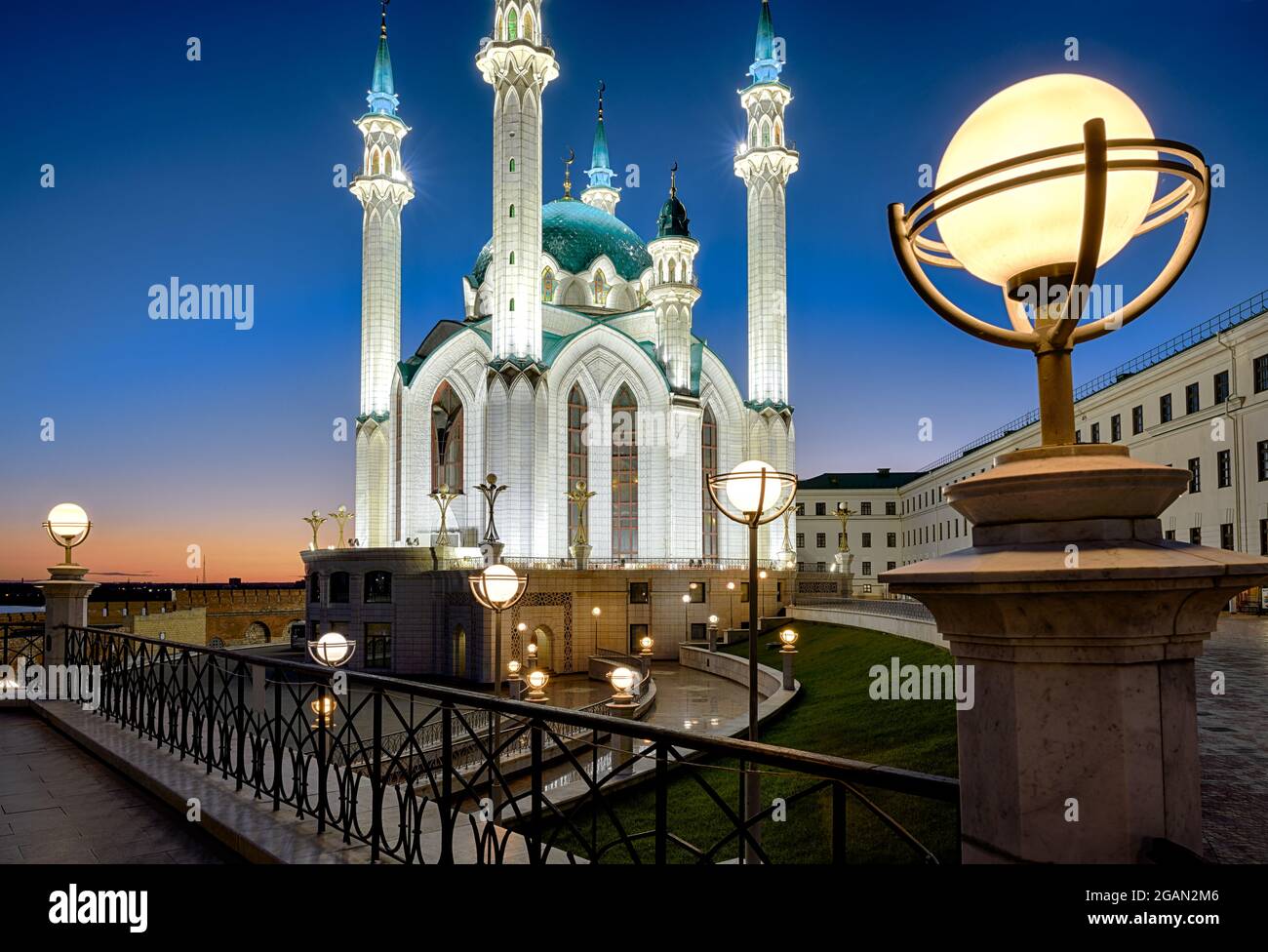 Kul Sharif mosque in Kazan Kremlin at night, Tatarstan, Russia. It is ...