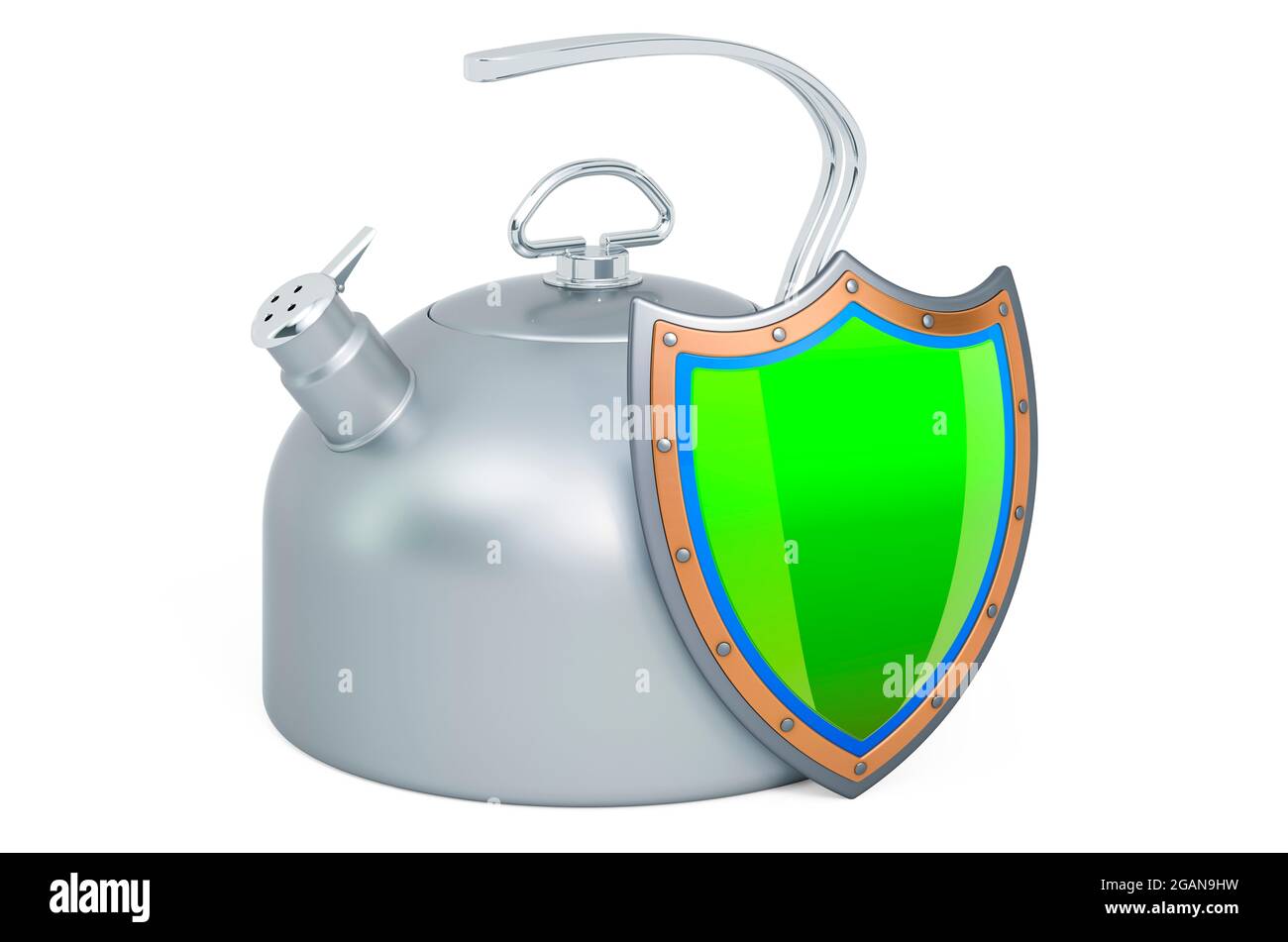 Big metallic kettle with shield, 3D rendering isolated on white ...
