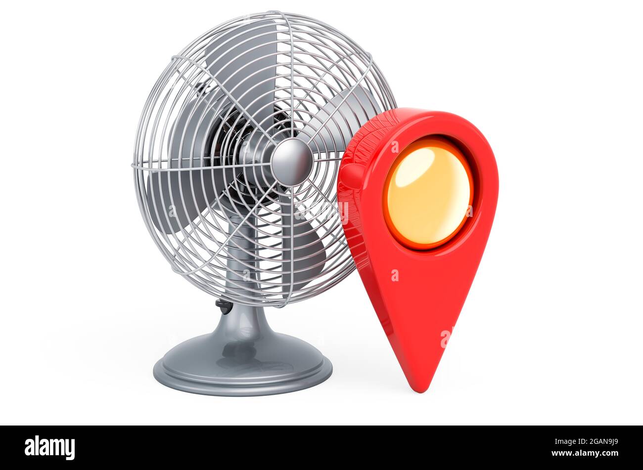 Map pointer with table fan retro, 3D rendering isolated on white ...