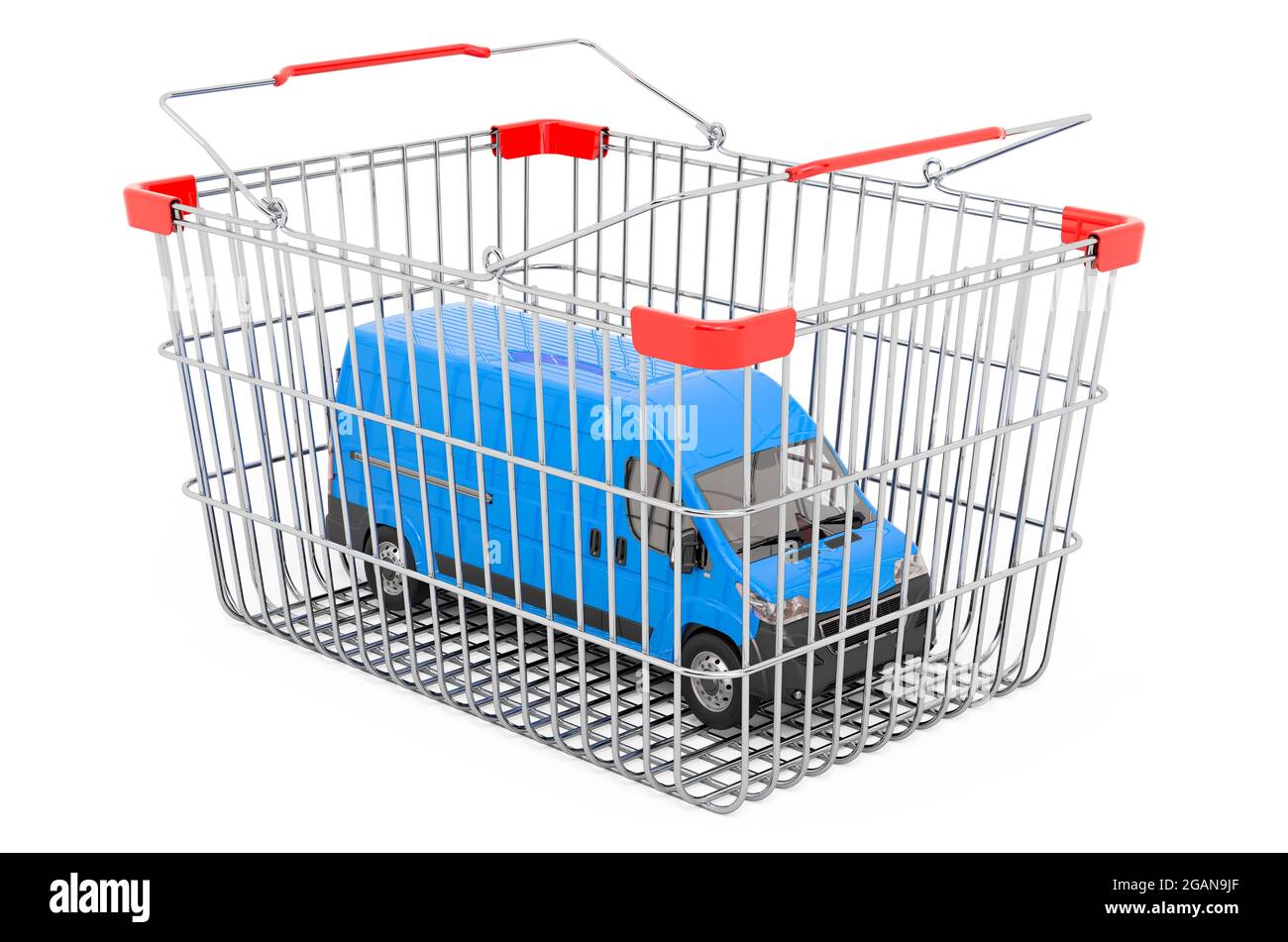Shopping basket with delivery van. 3D rendering isolated on white ...