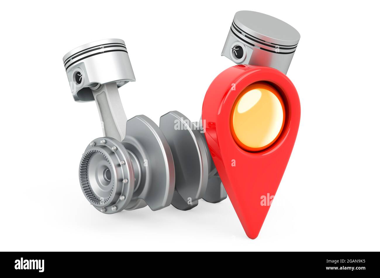Map pointer with engine pistons, 3D rendering isolated on white ...
