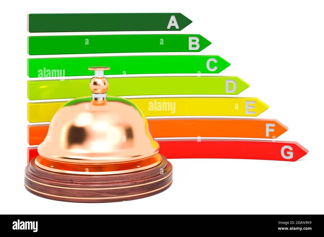 Reception bell with energy efficiency chart, 3D rendering isolated on ...