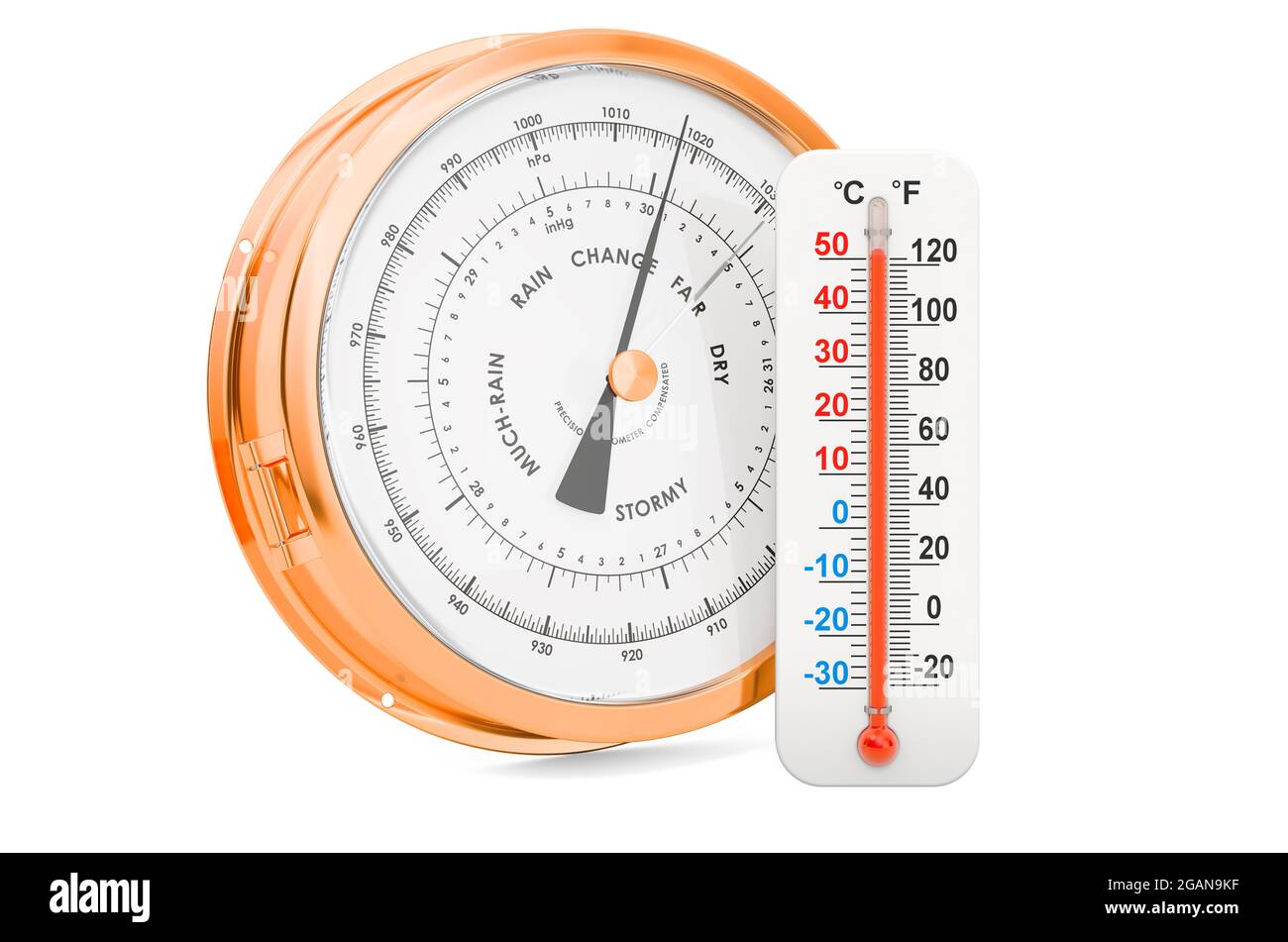 Weather forecasting concept. Barometer with thermometer, 3D rendering ...