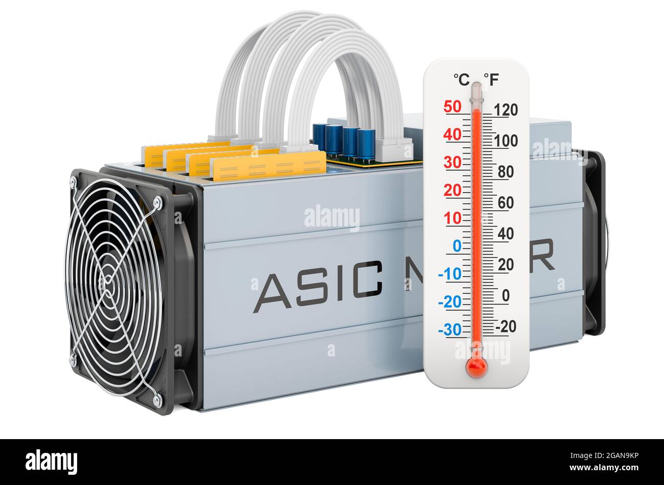 ASIC miner with thermometer, overheating concept. 3D rendering isolated on white background ...