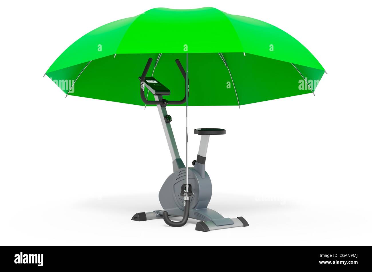 Exercise bike under umbrella, 3D rendering isolated on white background ...